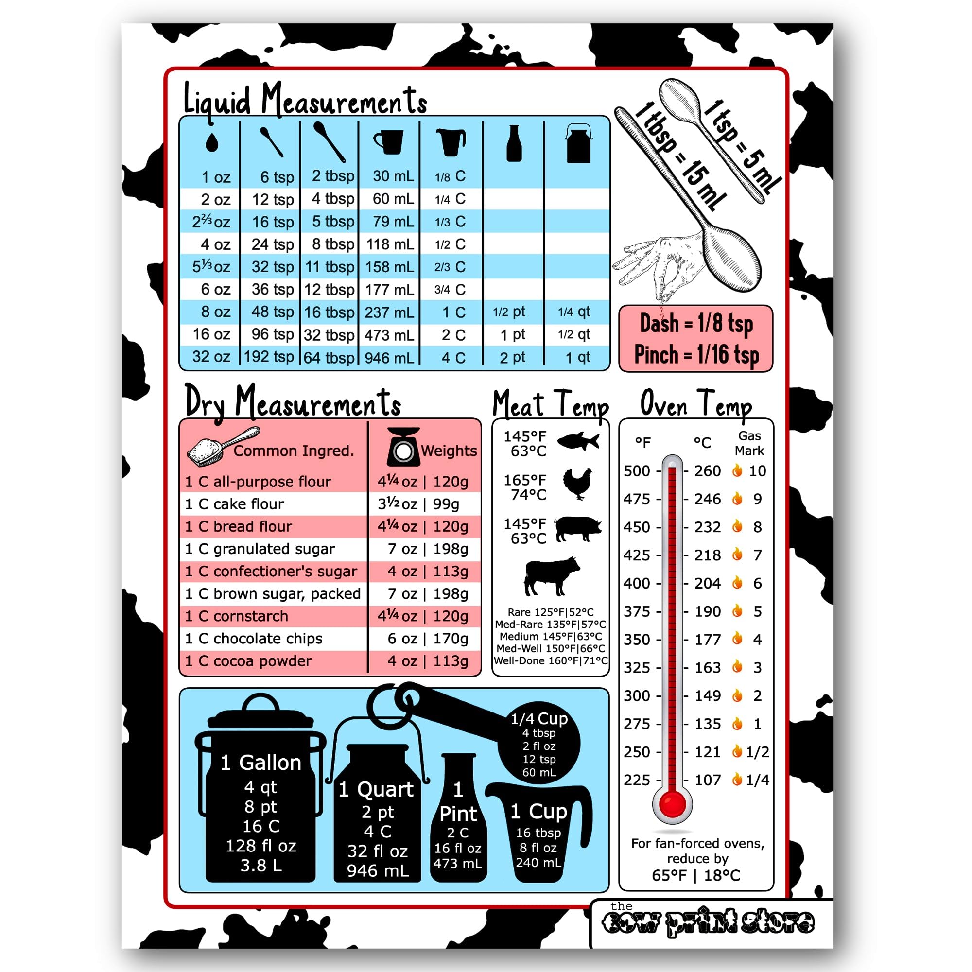 Cow Print Kitchen Conversion Chart Magnet - Imperial & Metric to Standard Conversion Chart Magnet - Cooking Measurements for Food - Measuring Weight, Liquid, Temperature - Recipe Baking Cookbook