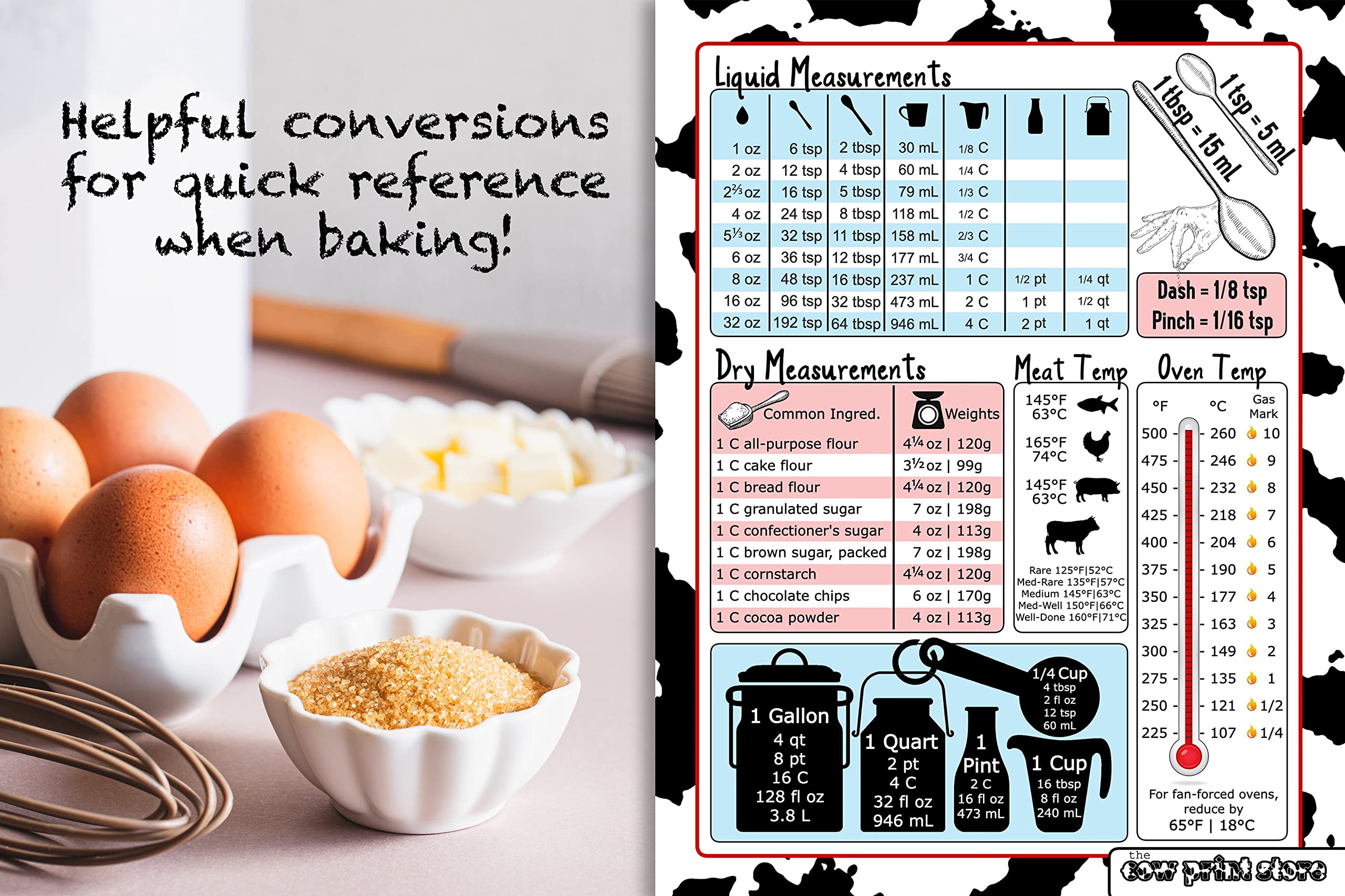 Cow Print Kitchen Conversion Chart Magnet - Imperial & Metric to Standard Conversion Chart Magnet - Cooking Measurements for Food - Measuring Weight, Liquid, Temperature - Recipe Baking Cookbook