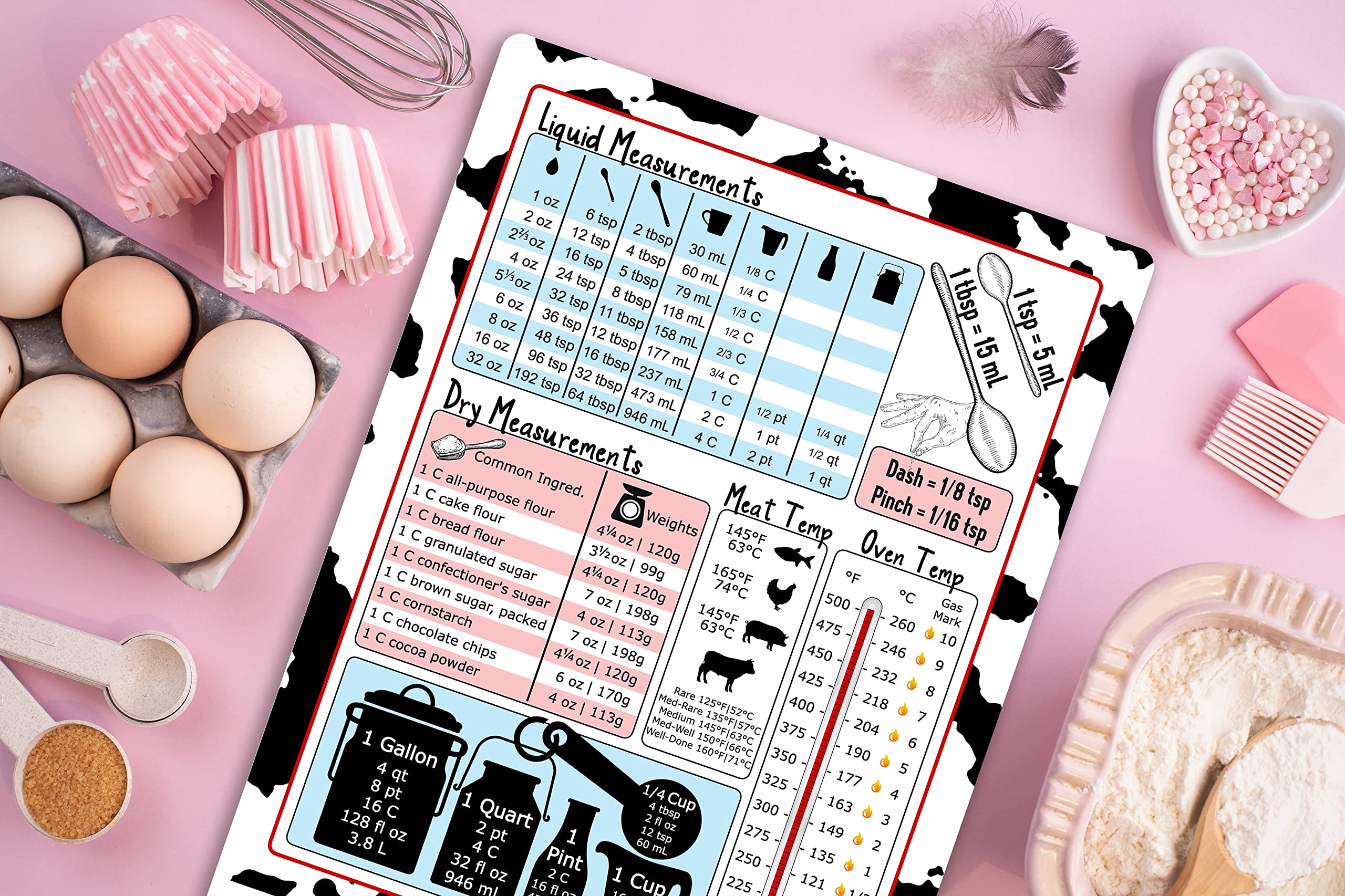 Cow Print Kitchen Conversion Chart Magnet - Imperial & Metric to Standard Conversion Chart Magnet - Cooking Measurements for Food - Measuring Weight, Liquid, Temperature - Recipe Baking Cookbook