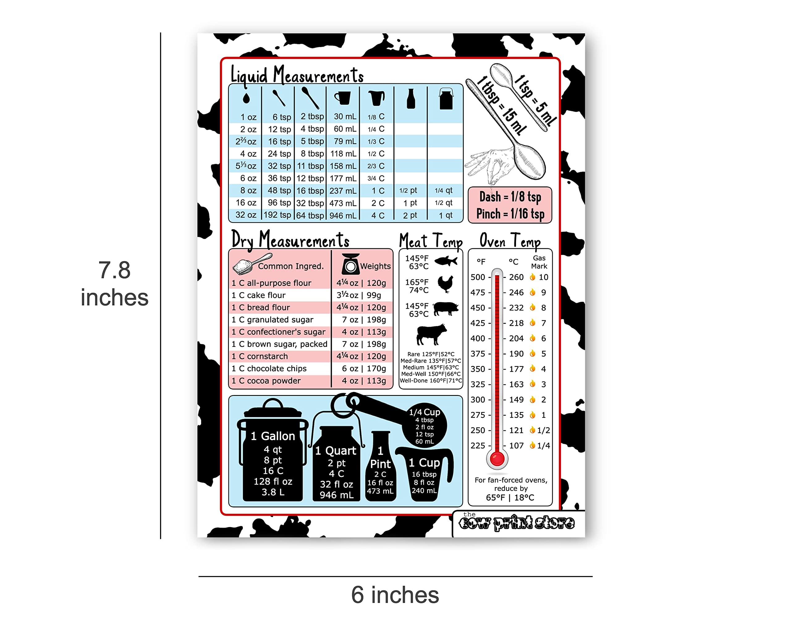 Cow Print Kitchen Conversion Chart Magnet - Imperial & Metric to Standard Conversion Chart Magnet - Cooking Measurements for Food - Measuring Weight, Liquid, Temperature - Recipe Baking Cookbook