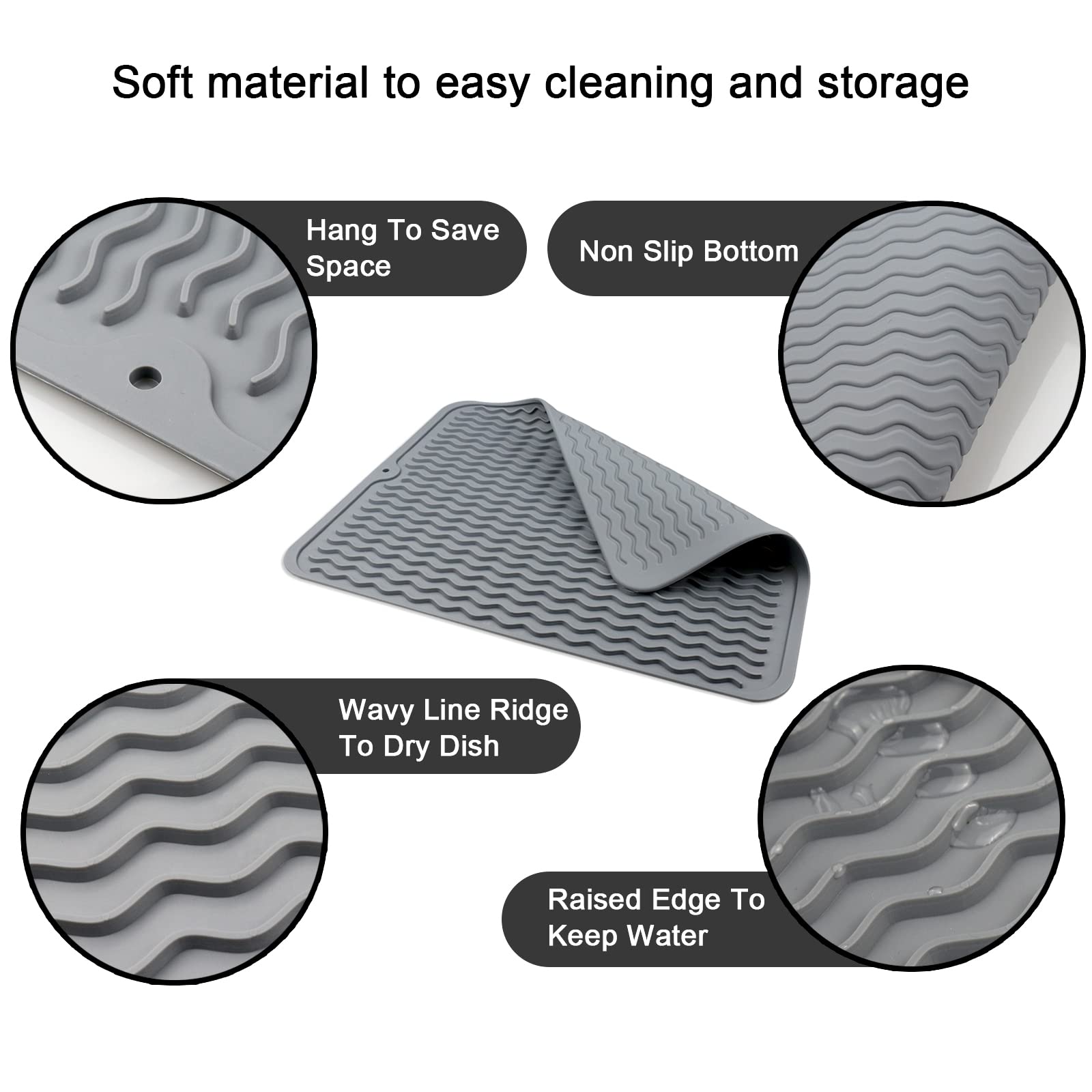 Silicone Drying Mat for Kitchen Counter,Non-slip,Heat Resistant ,Easy to Clean,Foldable,Suitable for Lining Kitchen Counter or Sinks, Refrigerators or Drawers, Gray 12" x 16"