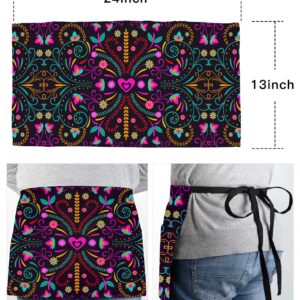 Flowers Mexico Waitress Waiter Server Apron with Pockets,Geometric Abstract Floral Colored Waist Half Waterproof Cooking Kitchen BBQ Grill Chef Apron for Women,Men,Kids,Dad,Mom,Grandma,Boys,Girls