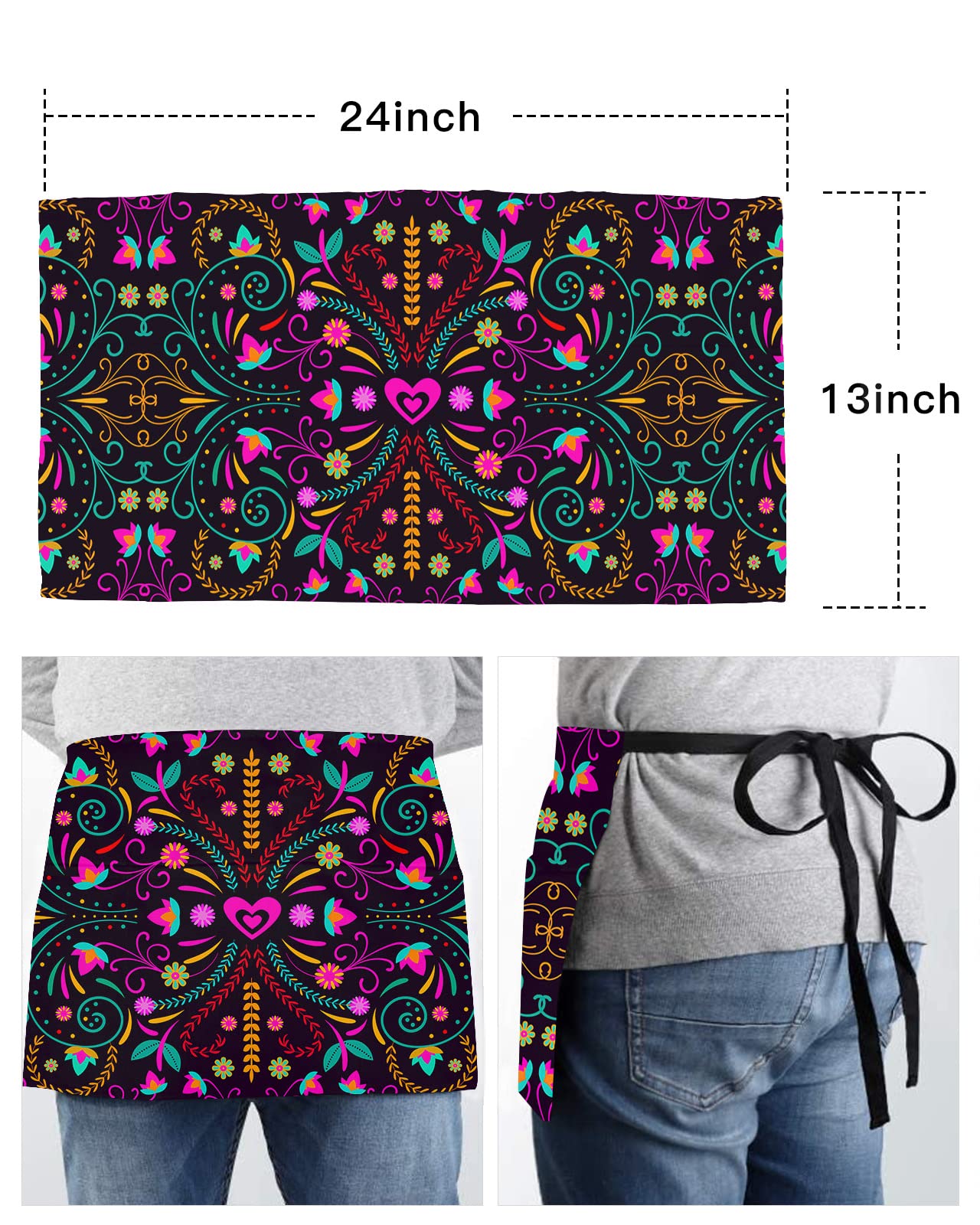 Flowers Mexico Waitress Waiter Server Apron with Pockets,Geometric Abstract Floral Colored Waist Half Waterproof Cooking Kitchen BBQ Grill Chef Apron for Women,Men,Kids,Dad,Mom,Grandma,Boys,Girls