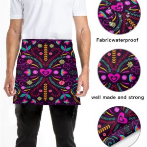 Flowers Mexico Waitress Waiter Server Apron with Pockets,Geometric Abstract Floral Colored Waist Half Waterproof Cooking Kitchen BBQ Grill Chef Apron for Women,Men,Kids,Dad,Mom,Grandma,Boys,Girls