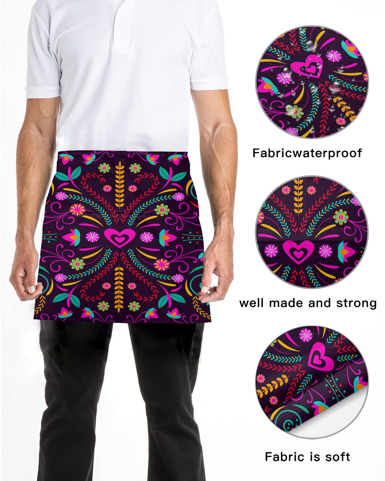 Flowers Mexico Waitress Waiter Server Apron with Pockets,Geometric Abstract Floral Colored Waist Half Waterproof Cooking Kitchen BBQ Grill Chef Apron for Women,Men,Kids,Dad,Mom,Grandma,Boys,Girls