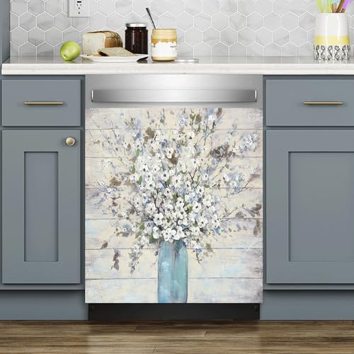 FRES Vase Flower Dishwasher Magnet Covers for The Front,Wood Texture White Floral Refrigerator Magnetic Stickers,Oil Painting Spring Home Cabinet Decor Panel Decal 23x26inch