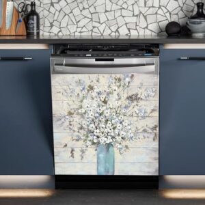 FRES Vase Flower Dishwasher Magnet Covers for The Front,Wood Texture White Floral Refrigerator Magnetic Stickers,Oil Painting Spring Home Cabinet Decor Panel Decal 23x26inch