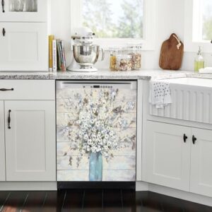 FRES Vase Flower Dishwasher Magnet Covers for The Front,Wood Texture White Floral Refrigerator Magnetic Stickers,Oil Painting Spring Home Cabinet Decor Panel Decal 23x26inch