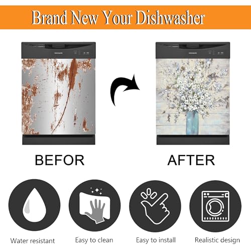 FRES Vase Flower Dishwasher Magnet Covers for The Front,Wood Texture White Floral Refrigerator Magnetic Stickers,Oil Painting Spring Home Cabinet Decor Panel Decal 23x26inch