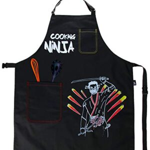 Cute Black Kitchen Bib Apron For Women and Men - With 2 Pockets and Graphic - For Chefs and Home Cooking - Adjustable Strap - Water Resistant - Multi-sized - Gift Box (Cooking Ninja (Men)