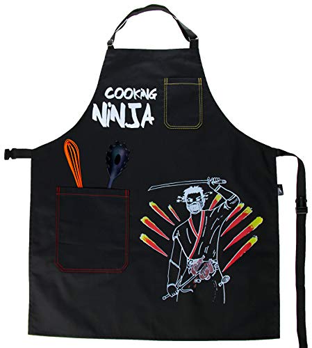 Cute Black Kitchen Bib Apron For Women and Men - With 2 Pockets and Graphic - For Chefs and Home Cooking - Adjustable Strap - Water Resistant - Multi-sized - Gift Box (Cooking Ninja (Men)