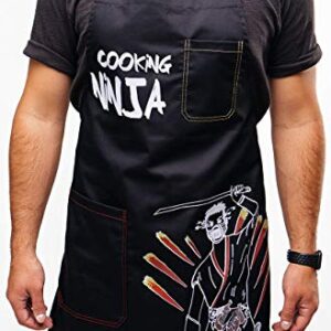 Cute Black Kitchen Bib Apron For Women and Men - With 2 Pockets and Graphic - For Chefs and Home Cooking - Adjustable Strap - Water Resistant - Multi-sized - Gift Box (Cooking Ninja (Men)