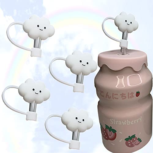 Cloud Straw Tips Covers, Food Grade Reusable Silicone Straw Tip,cute Straw Covers Plugs,Soft Straws Plugs for 6-8 mm,Anti-dust (White 4pcs)