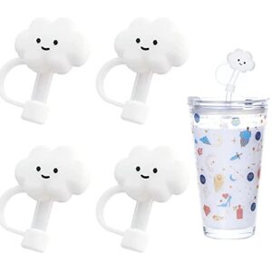 Cloud Straw Tips Covers, Food Grade Reusable Silicone Straw Tip,cute Straw Covers Plugs,Soft Straws Plugs for 6-8 mm,Anti-dust (White 4pcs)