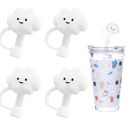 Cloud Straw Tips Covers, Food Grade Reusable Silicone Straw Tip,cute Straw Covers Plugs,Soft Straws Plugs for 6-8 mm,Anti-dust (White 4pcs)