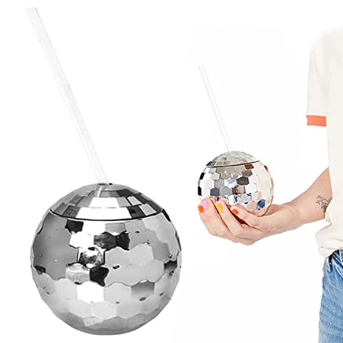 ANTQUE 1 PCS Disco Ball Cup with Straws, Tumbler Reusable Disco Flash Ball Cups for Party, Cocktail Ball Cups Spherical with Lid and Straw Wine Cups for Nightclub Bar Party Decor(Silver)