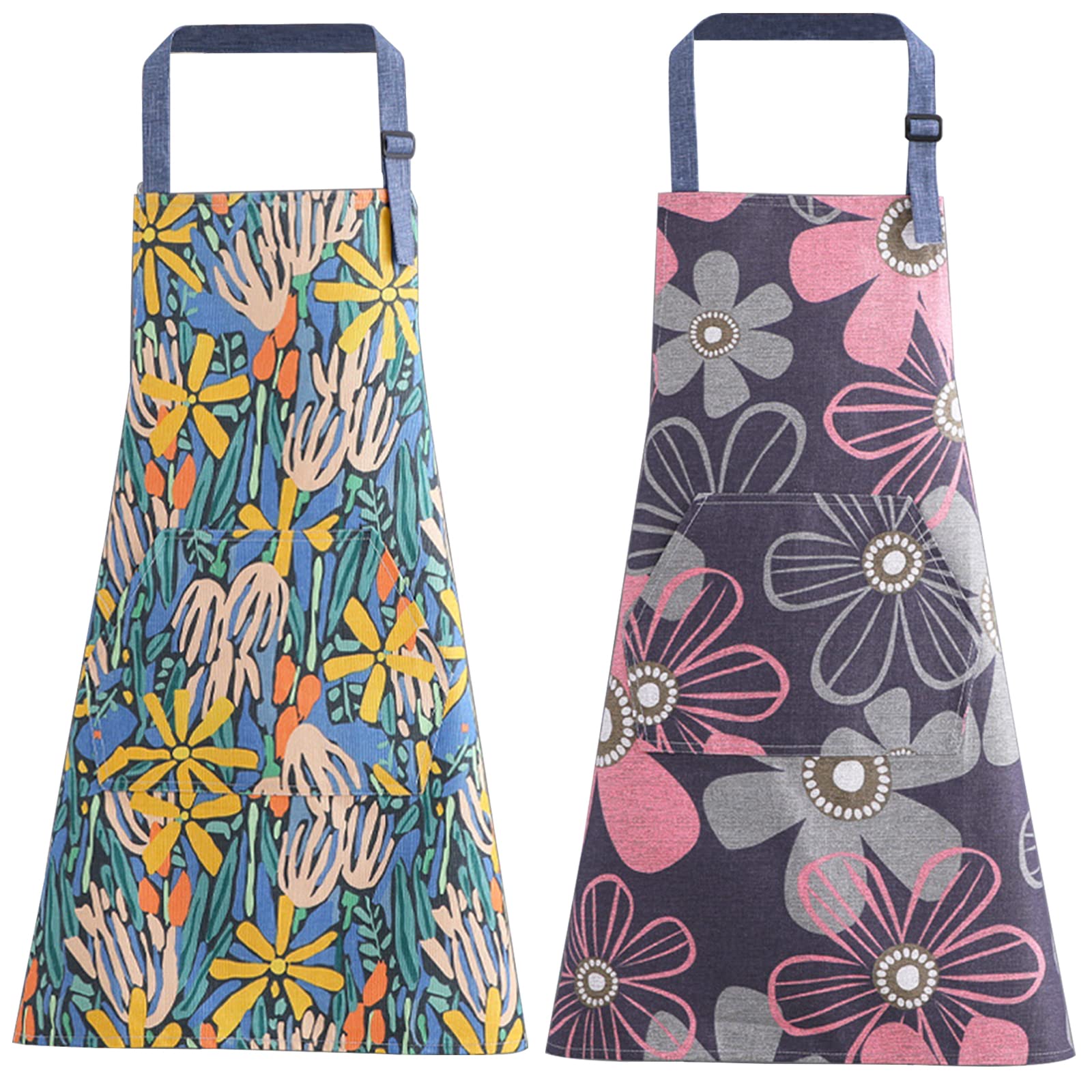 2PCS Floral Aprons for Women with Pockets, BOCTTCBO Adjustable Cute Cooking Aprons for Kitchen Baking Gardening Cleaning (floral)