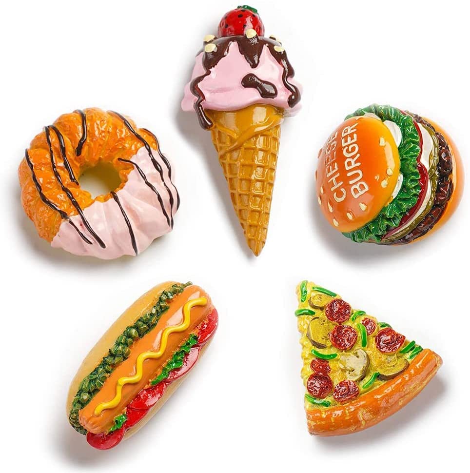 5 PCS Cute Food Refrigerator Magnets Fridge Stickers, Hamburger Doughnut Ice Cream Hot Dog Pizza Fridge Magnets for Kitchen Home Decoration Office Whiteboard Locker Magnets