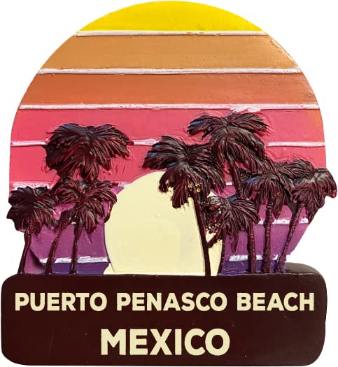 Puerto Penasco Beach Mexico Souvenir Hand Painted Resin Refrigerator Magnet Sunset and Palm Trees Design Single