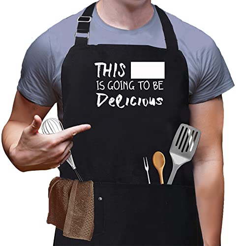 Skull Chef Funny Aprons for Men, Women with Pockets - Birthday Mother’s Day Father’s Day Kitchen Cooking Gifts for Dad, Mom, Wife, Husband, Friend, Baker, Chef - Cute Black BBQ Grilling Apron