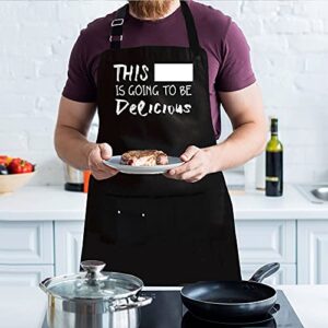 Skull Chef Funny Aprons for Men, Women with Pockets - Birthday Mother’s Day Father’s Day Kitchen Cooking Gifts for Dad, Mom, Wife, Husband, Friend, Baker, Chef - Cute Black BBQ Grilling Apron