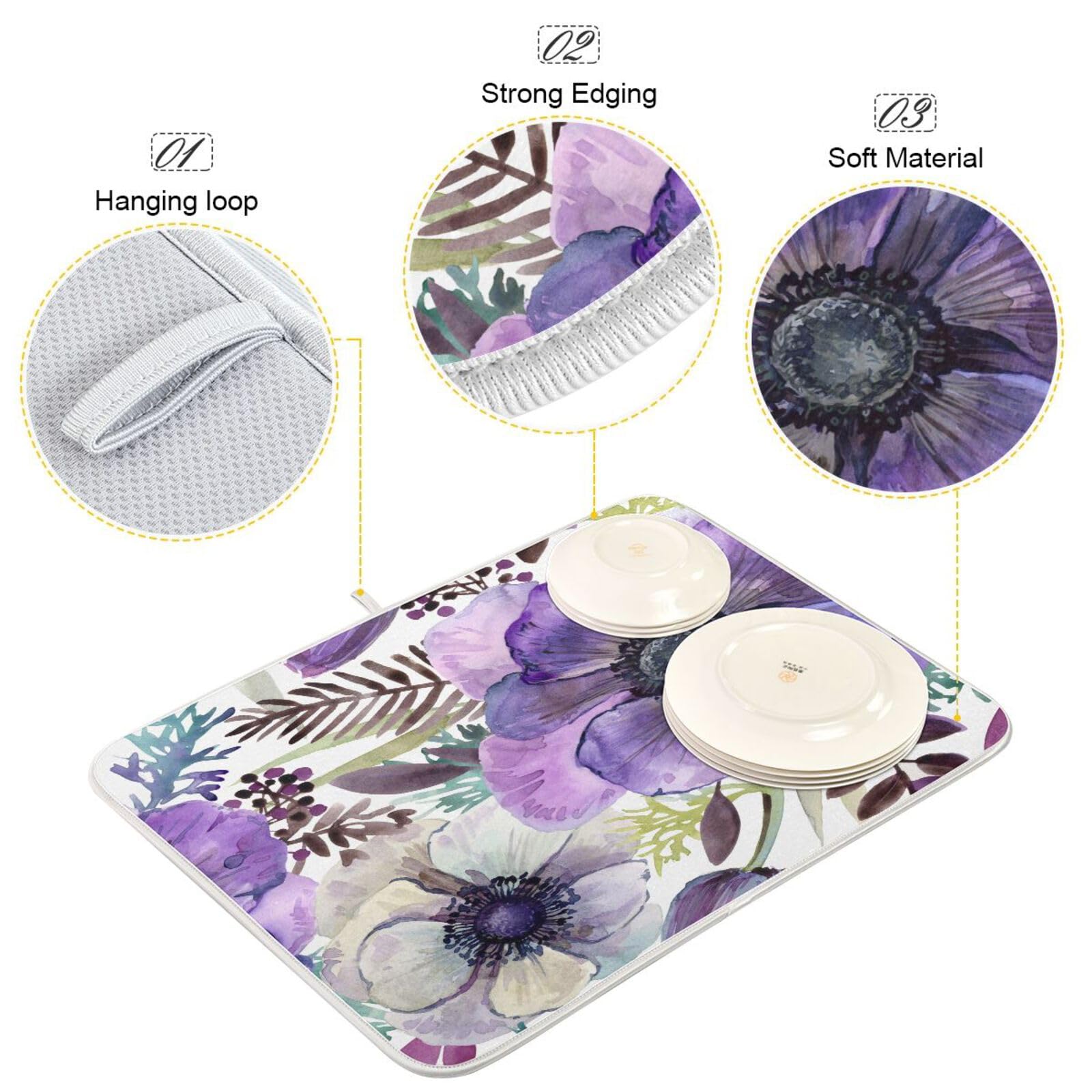 Tatenale Floral Kitchen Drying Mats for Dishes Washable 18 x 24 Absorbent Dish Draining Mat Heat Resistant Drying Pad for Countertop