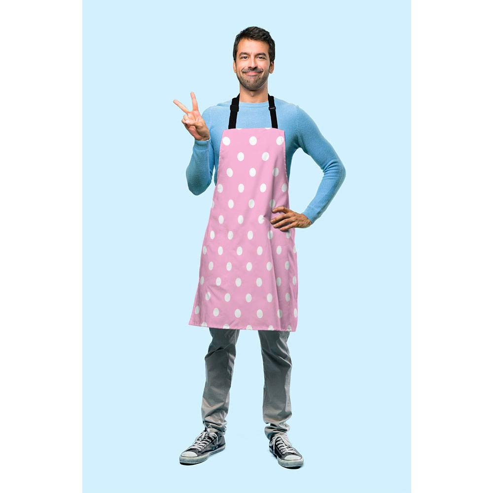 Beabes White Polka Dots On Pink Bib Apron Adjustable Neck Strap Pastel Spot Abstract Geometric Round Design Polyester Work Apron Crafting BBQ Drawing Chef Waitress 27" X 31"