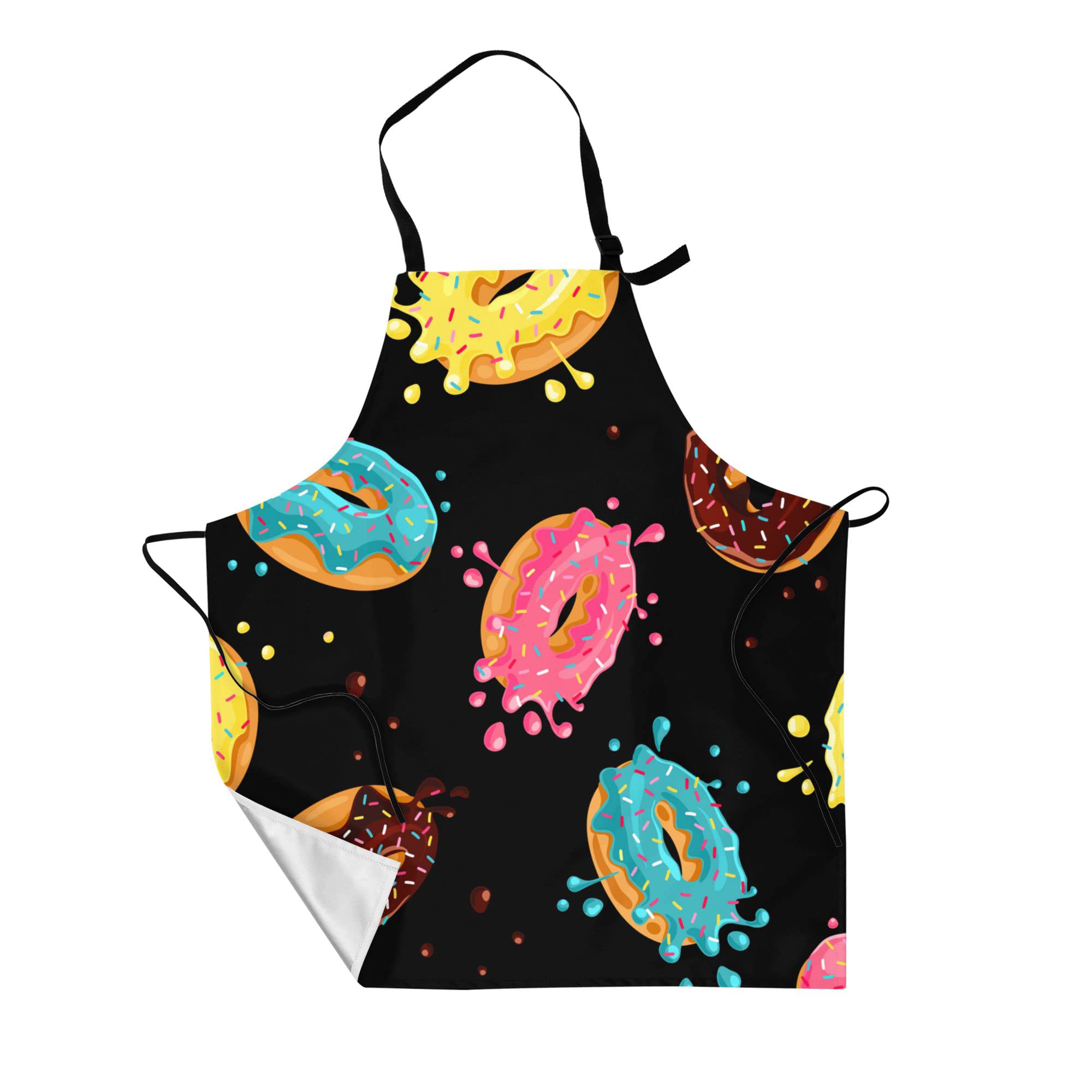 Gkyygk Donuts Gardening Aprons for Women, with Pink Splashes of Colored Sprinkles Art Aprons for Women Cute Adjustable Neck & Long Ties for Mens Adults Waitress Baker Waterproof Bib, Blue Black