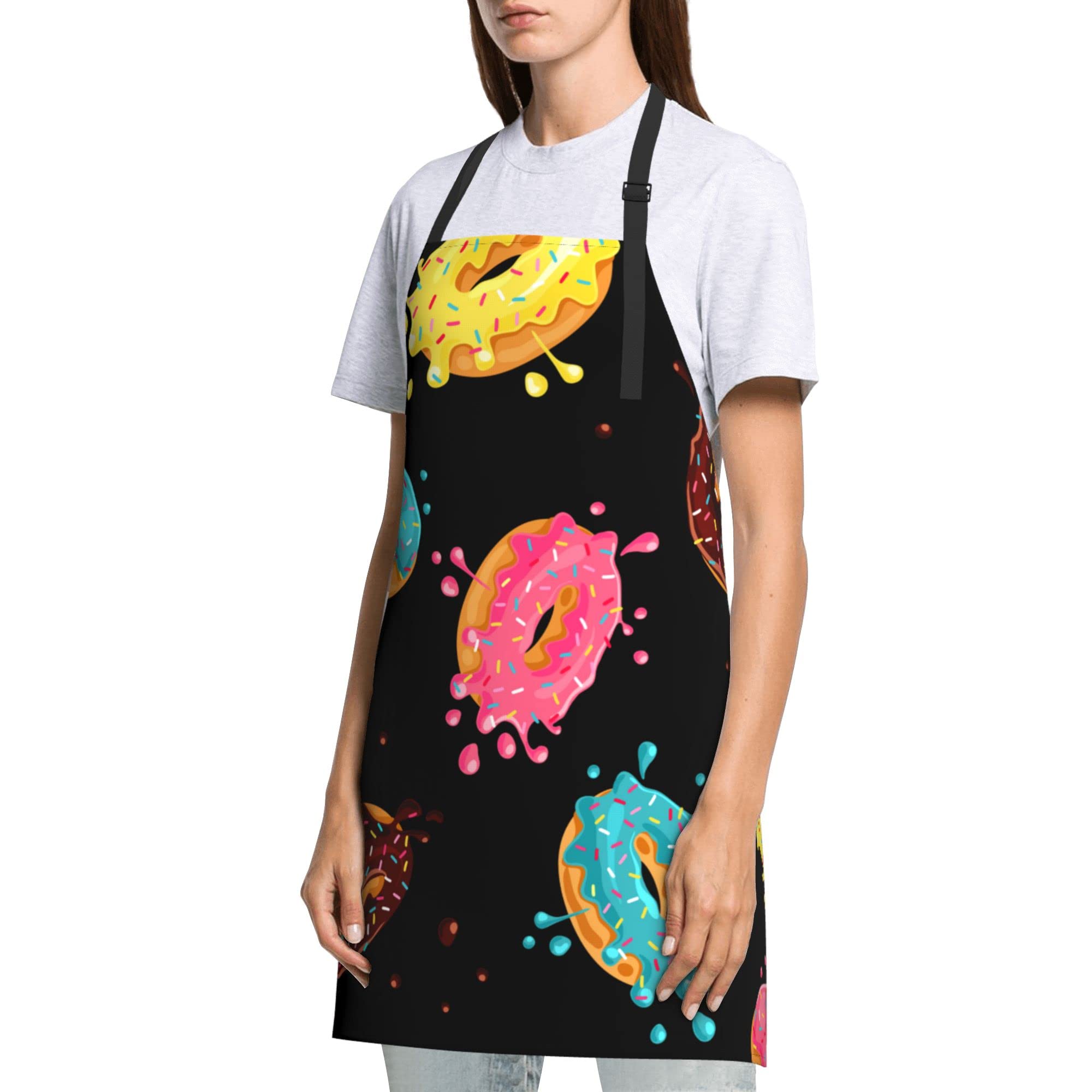 Gkyygk Donuts Gardening Aprons for Women, with Pink Splashes of Colored Sprinkles Art Aprons for Women Cute Adjustable Neck & Long Ties for Mens Adults Waitress Baker Waterproof Bib, Blue Black