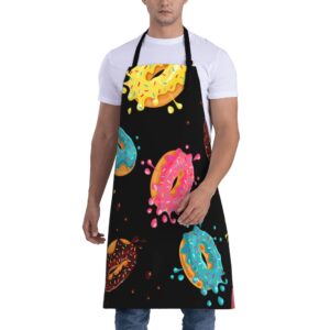 Gkyygk Donuts Gardening Aprons for Women, with Pink Splashes of Colored Sprinkles Art Aprons for Women Cute Adjustable Neck & Long Ties for Mens Adults Waitress Baker Waterproof Bib, Blue Black