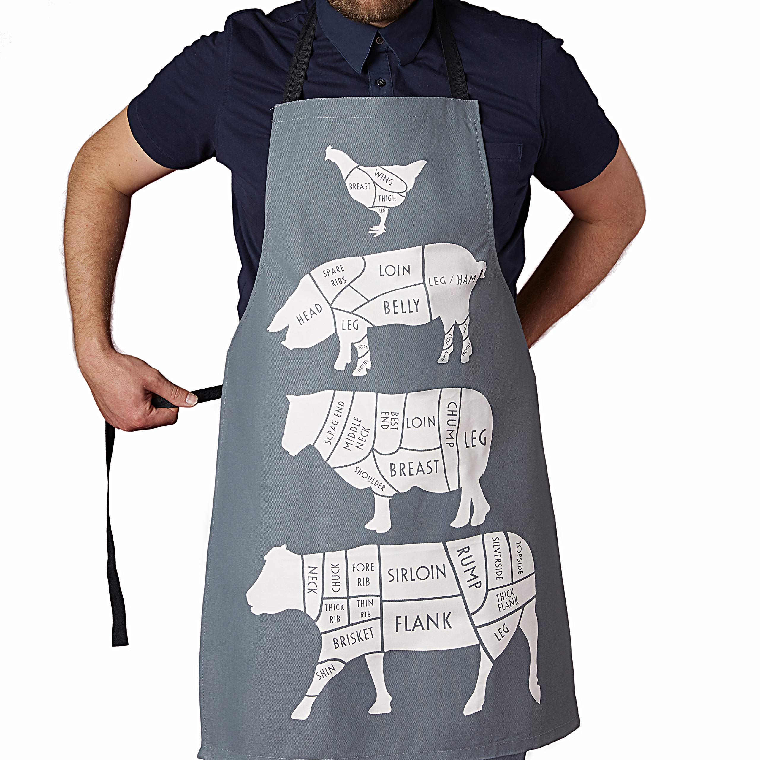 Huxters Chef Apron for Men – Bib Kitchen Apron Screen-Printed with British Meat Cuts – 100% Cotton Twill Protects the Grill Master from Grease Splatter and Stains