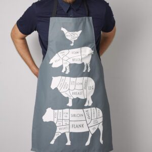 Huxters Chef Apron for Men – Bib Kitchen Apron Screen-Printed with British Meat Cuts – 100% Cotton Twill Protects the Grill Master from Grease Splatter and Stains