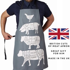 Huxters Chef Apron for Men – Bib Kitchen Apron Screen-Printed with British Meat Cuts – 100% Cotton Twill Protects the Grill Master from Grease Splatter and Stains