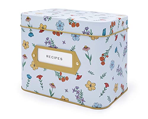 poiet Tin Recipe Box with Cards and Dividers, Includes 50 4x6 Recipe Cards, 16 Dividers (Wildflower)