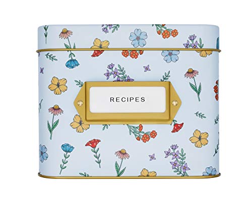 poiet Tin Recipe Box with Cards and Dividers, Includes 50 4x6 Recipe Cards, 16 Dividers (Wildflower)