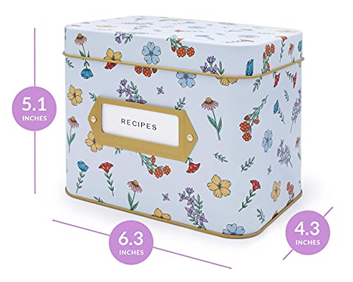 poiet Tin Recipe Box with Cards and Dividers, Includes 50 4x6 Recipe Cards, 16 Dividers (Wildflower)