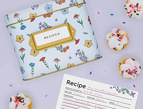 poiet Tin Recipe Box with Cards and Dividers, Includes 50 4x6 Recipe Cards, 16 Dividers (Wildflower)