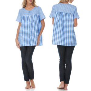 ezi women's snap front short sleeve gingham shift seersucker housecoat apron shirt blue