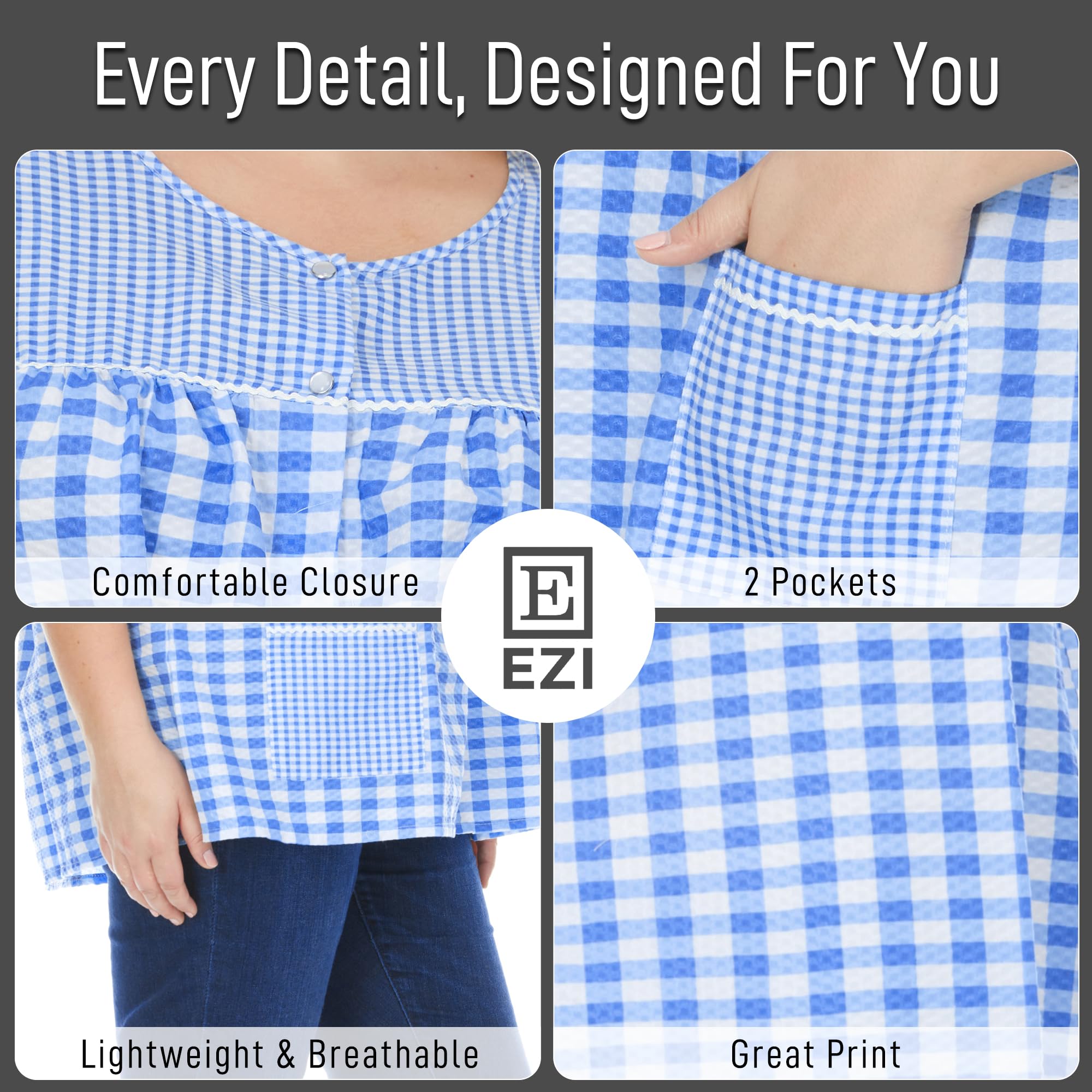 Ezi Women's Snap Front Short Sleeve Gingham Shift Seersucker Housecoat Apron Shirt Blue