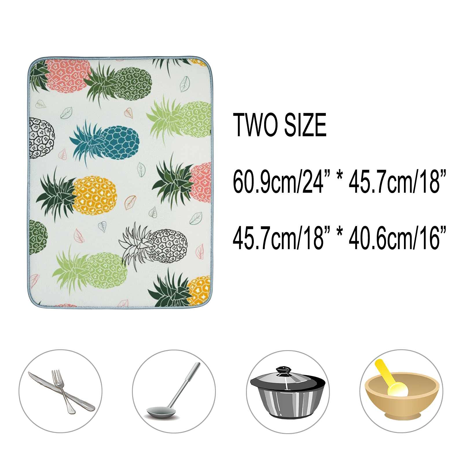 Colorful Pineapple Leaves Dish Drying Mat for Kitchen Counter Absorbent Reversible Microfiber Drying Pad Dishes Drainer Rack Mats for Countertop Heat-resistant 18x24Inch