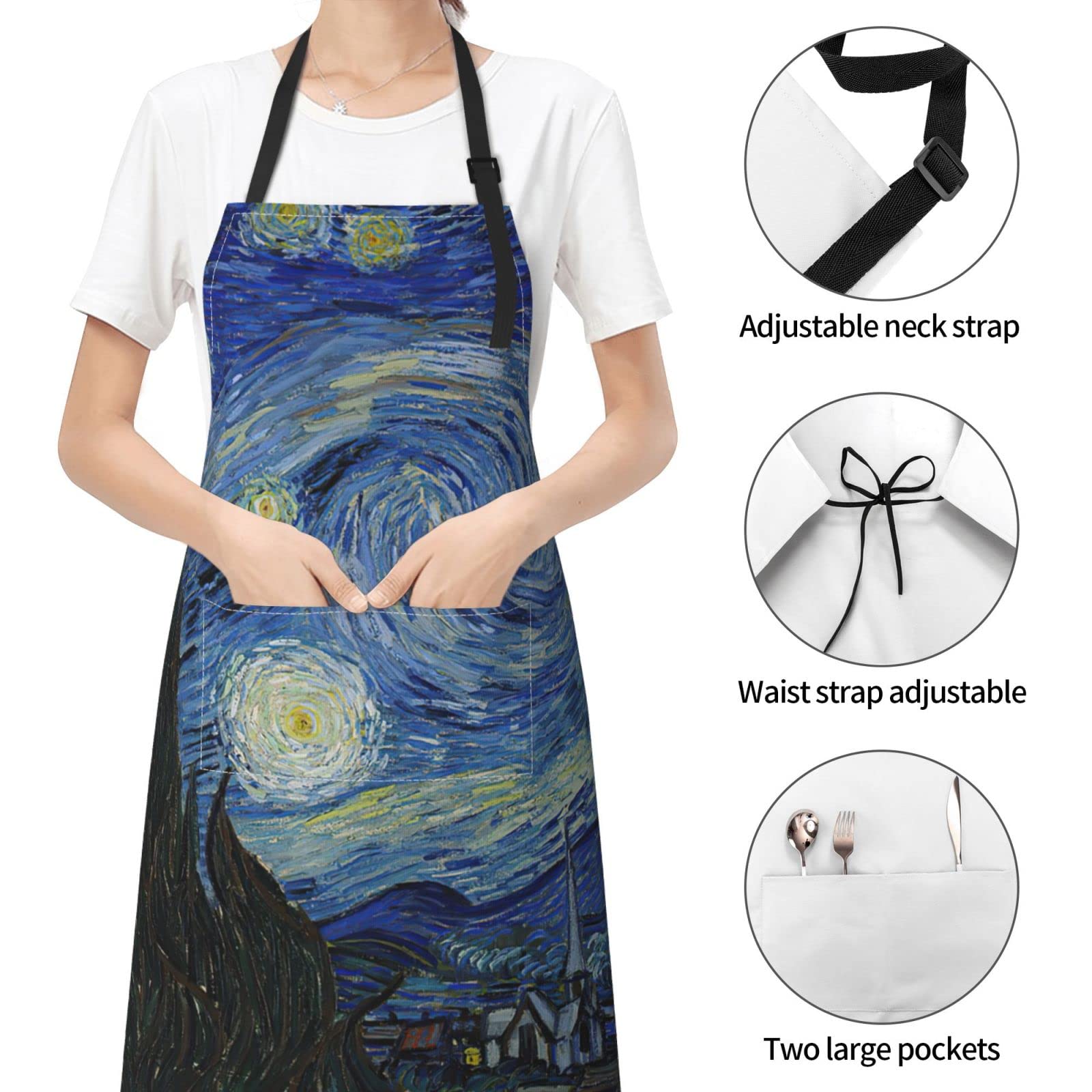 The Starry Night Van Gogh Funny Bbq Adjustable Apron For Women Men Birthday Gifts Grilling Cooking Master Chef Bib 2 Pockets