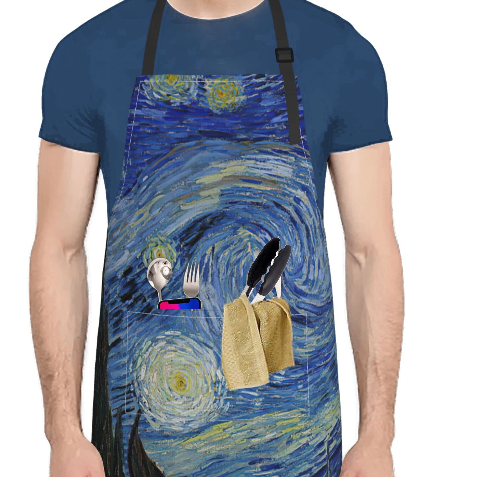 The Starry Night Van Gogh Funny Bbq Adjustable Apron For Women Men Birthday Gifts Grilling Cooking Master Chef Bib 2 Pockets