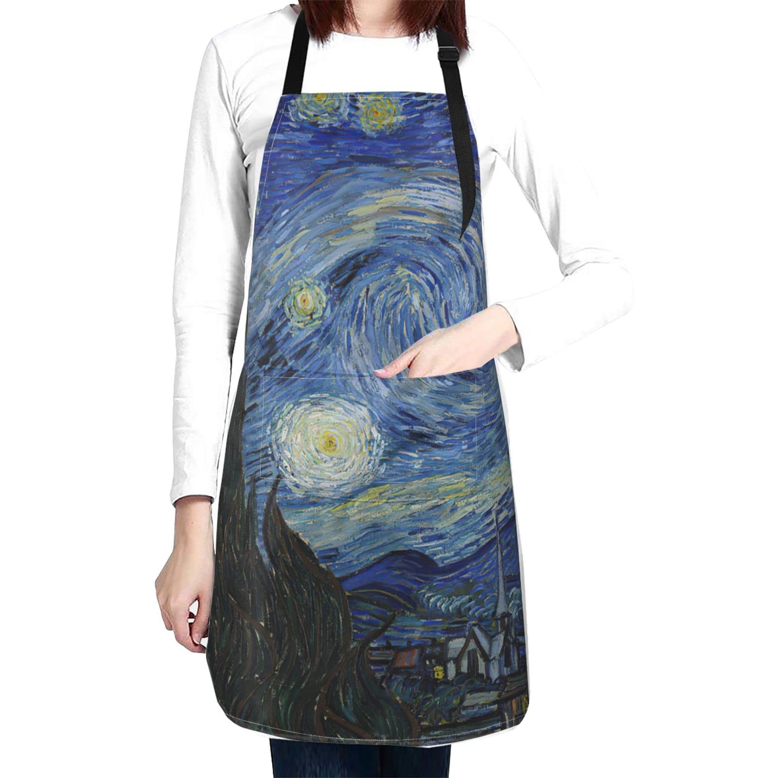 The Starry Night Van Gogh Funny Bbq Adjustable Apron For Women Men Birthday Gifts Grilling Cooking Master Chef Bib 2 Pockets