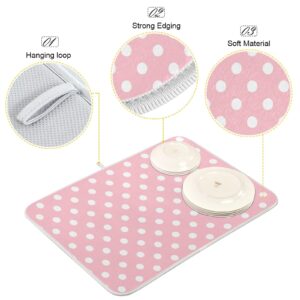 Pink White Polka Dot Dish Drying Mat for Kitchen Counter 18 x 24 Inch Absorbent Microfiber Valentines Dry Dishes Rack Mats Drainer Mat Dish Drying Pad for Countertops Decor