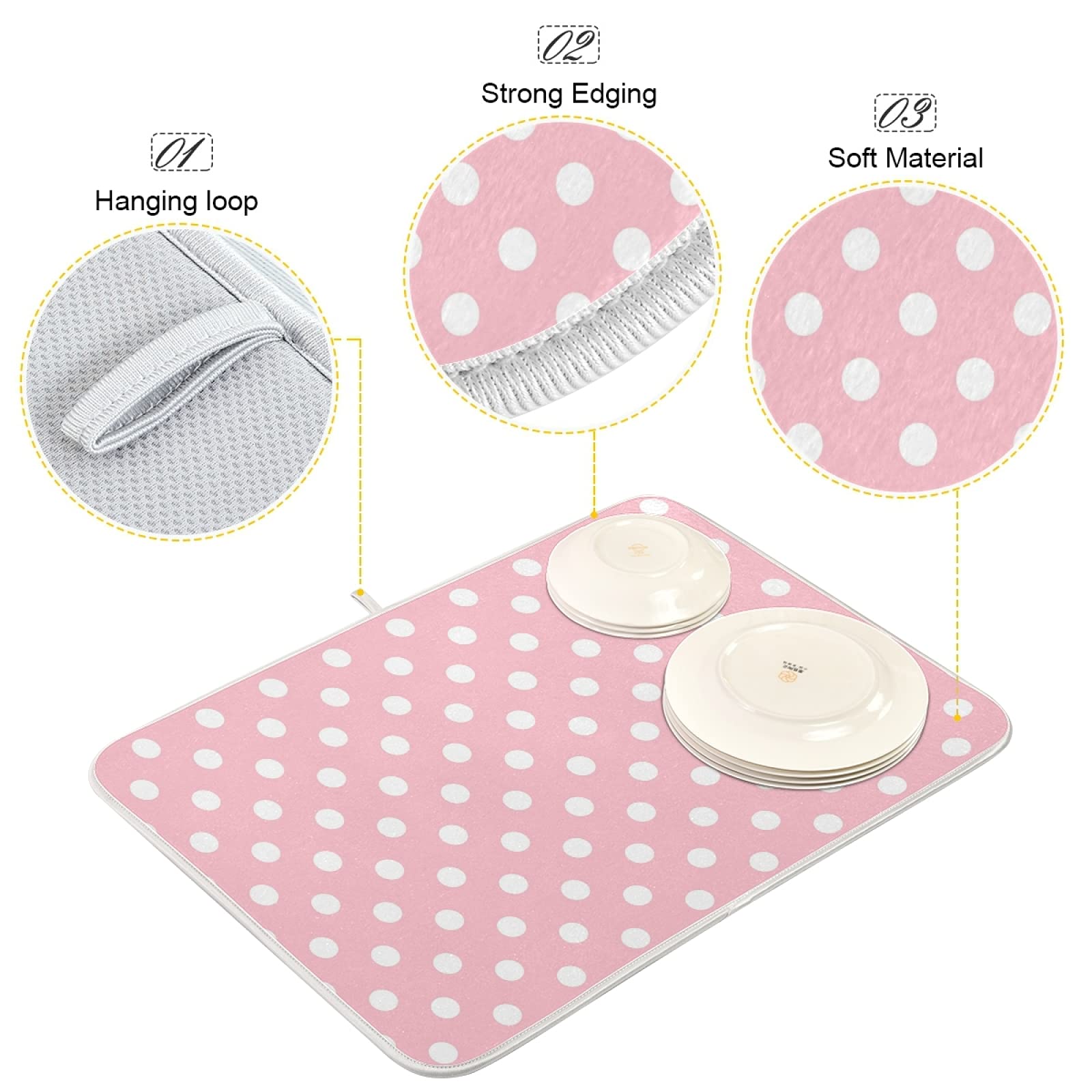 Pink White Polka Dot Dish Drying Mat for Kitchen Counter 18 x 24 Inch Absorbent Microfiber Valentines Dry Dishes Rack Mats Drainer Mat Dish Drying Pad for Countertops Decor