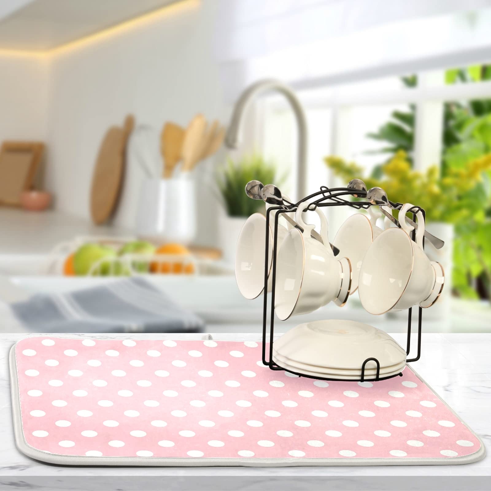 Pink White Polka Dot Dish Drying Mat for Kitchen Counter 18 x 24 Inch Absorbent Microfiber Valentines Dry Dishes Rack Mats Drainer Mat Dish Drying Pad for Countertops Decor