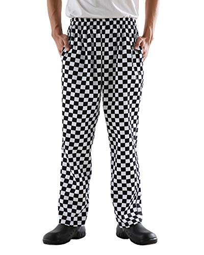 Men’s Black and White Checkerboard Print Chef Pants with Elastic Waist Drawstring Baggy Chef Uniforms Blackwhite XXL