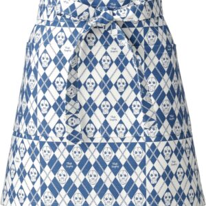 Shirayuki Waist Apron with four big pockets 100% cotton. Made in Japan. Kitchen Aprons, Server Aprons | Half Apron for Crafts, Restaurant, Shop Work Apron, Art Smock, Garden (Happy Skull, Blue)