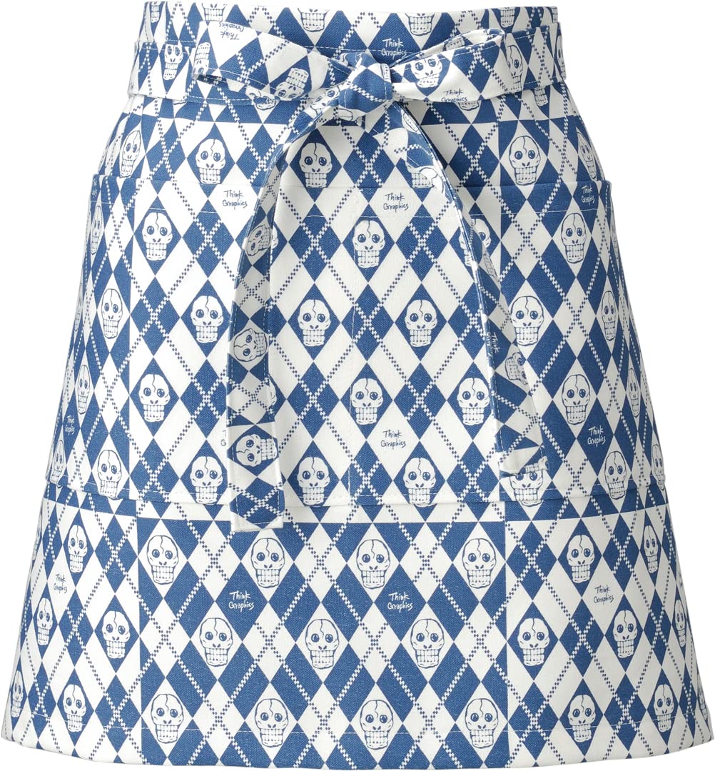 Shirayuki Waist Apron with four big pockets 100% cotton. Made in Japan. Kitchen Aprons, Server Aprons | Half Apron for Crafts, Restaurant, Shop Work Apron, Art Smock, Garden (Happy Skull, Blue)