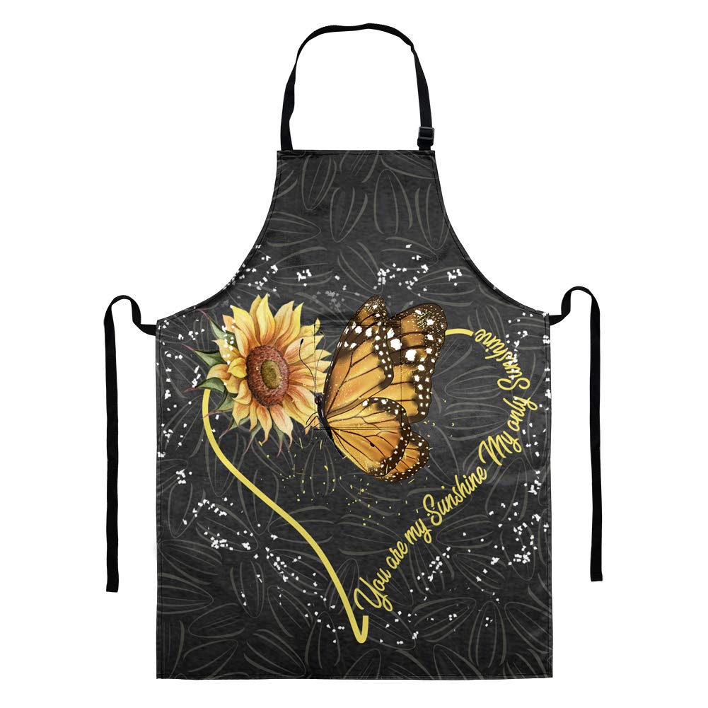 WELLFLYHOM Apron Waterproof Women Cute Cooking Barking Cleaning, Adjustable Neck Apron for Chef, Kitchen, Home, Restaurant, Bistro, Work Shop, Personalized Butterfly Sunflower Heart-Shape Pattern